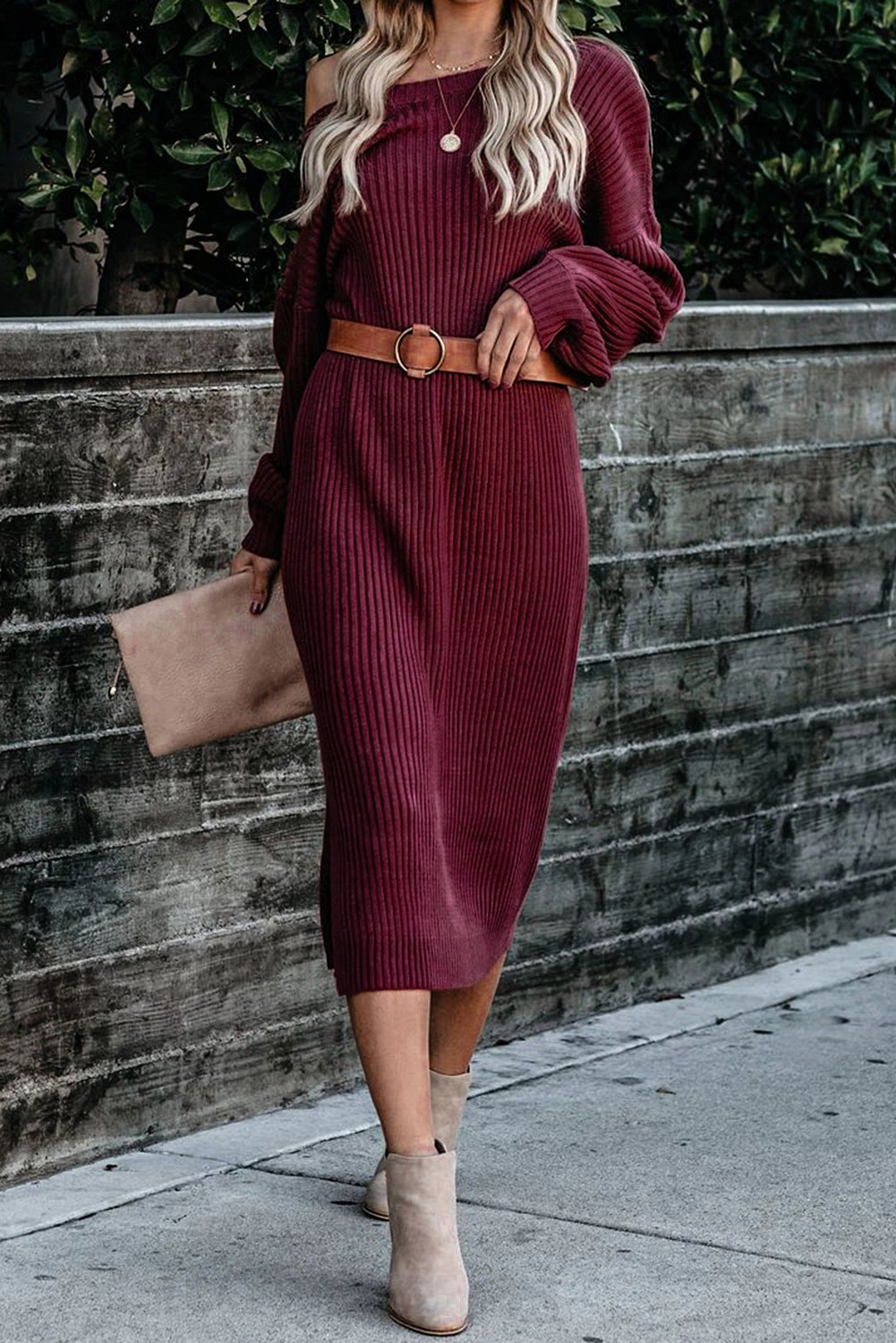 US$ 12.63 Dropship Red Ribbed Midi Sweater Dress